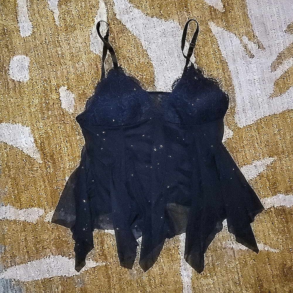 Sexy Black Sparkle Sheer Ruffle Lace Bra Cup Top - Gem